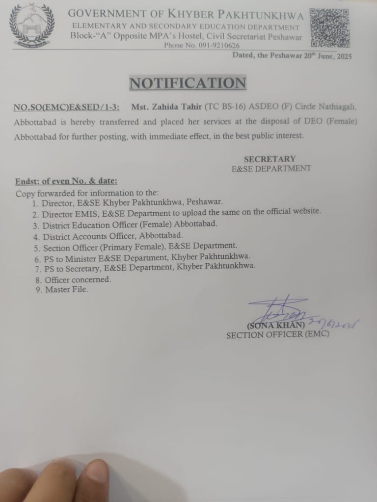 Notification – Mst. Zahida Tahir (TC BS-16) ASDEO (F) Circle Nahiagali Abbottabad is hereby ...